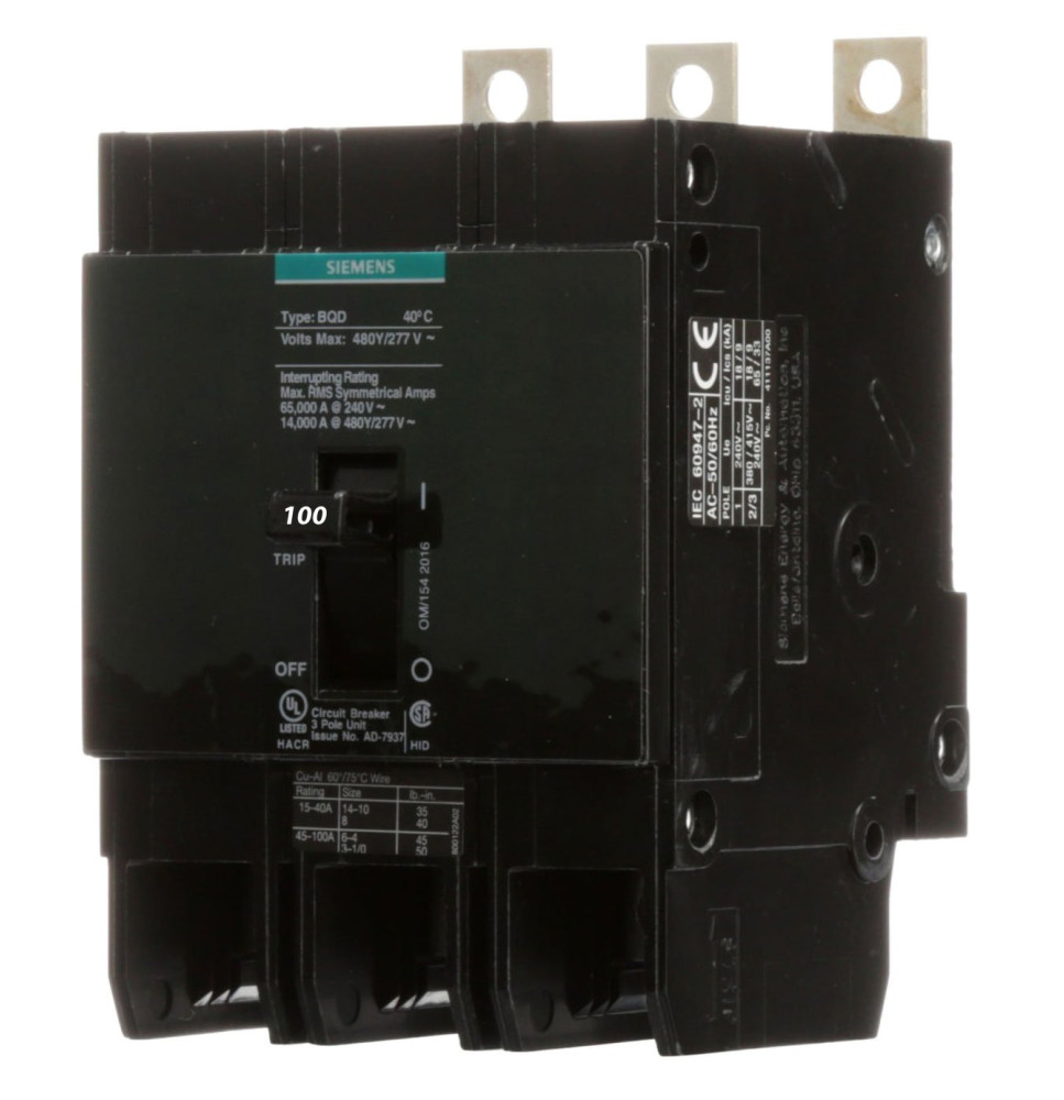 BQD3100 - Siemens 100 Amp 3 Pole 480 Volt Bolt-On Molded Case Circuit ...